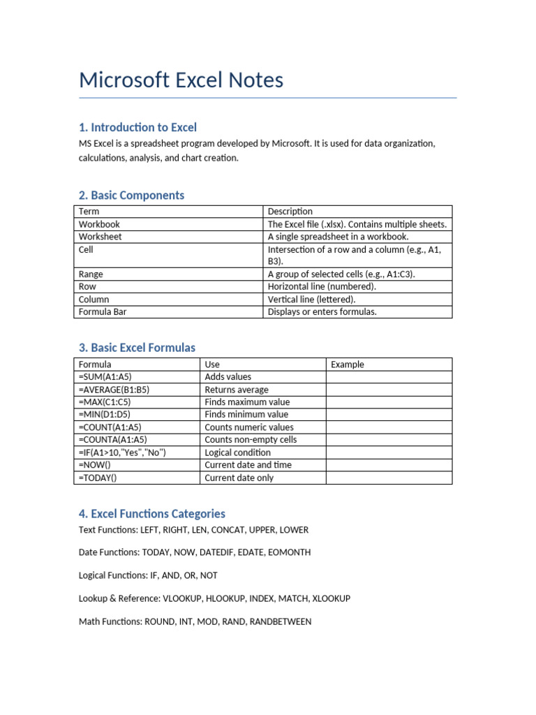 MS Excel Notes | PDF | Microsoft Excel | Spreadsheet