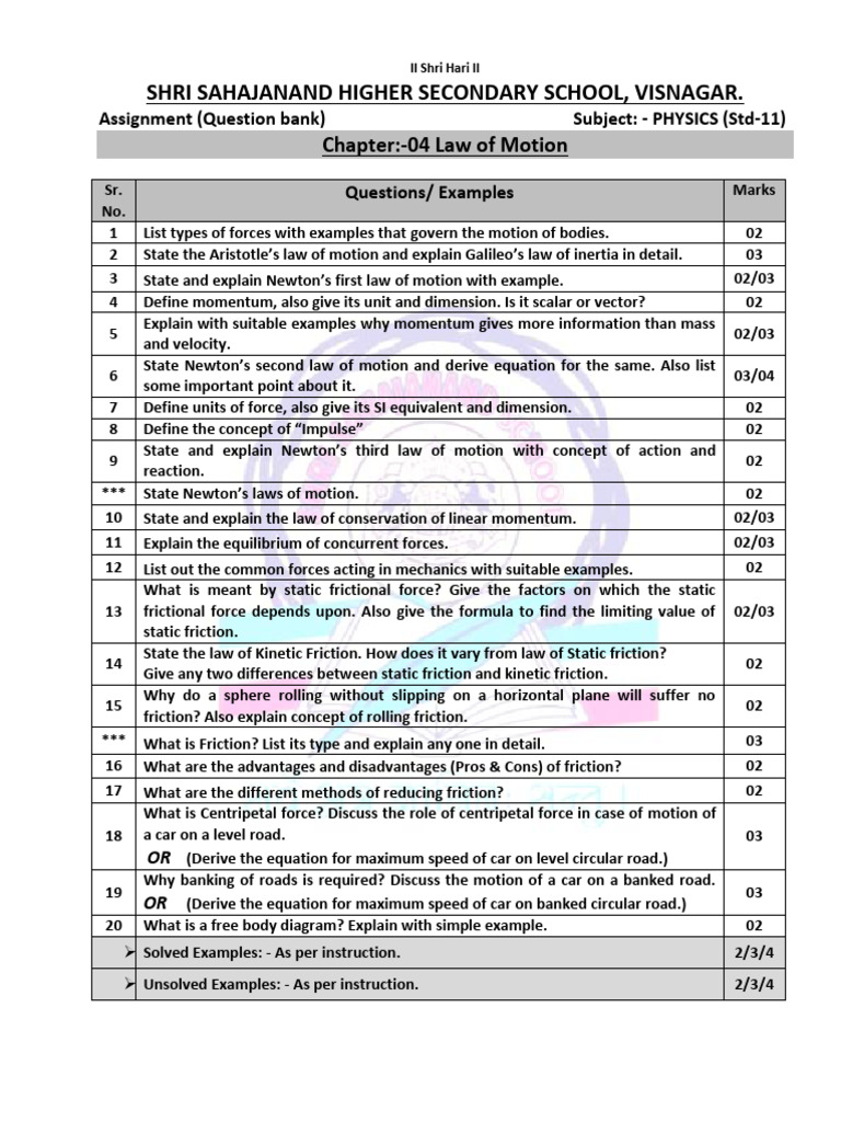 Ch.-04 Assignment (Law of Motion) | PDF | Force | Newton's Laws Of Motion