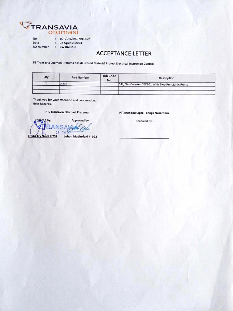 Acceptance Letter Electric Cooler CEMS#2 | PDF