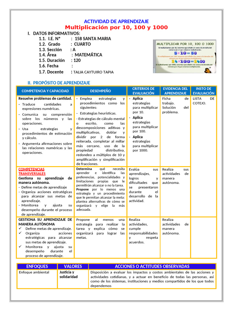 Multiplicación por 10, 100 y 1000 | PDF | Aprendizaje | Multiplicación