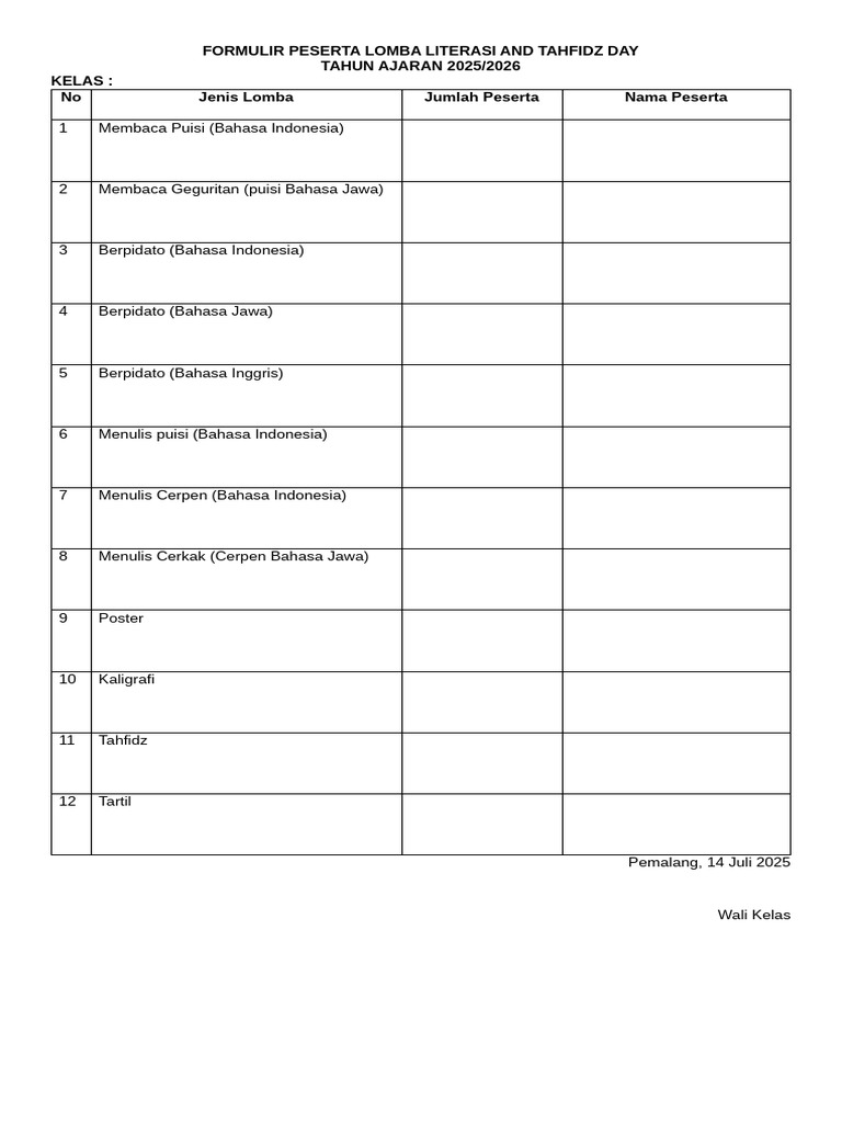 Formulir Peserta Lomba Literasi and Tahfidz Day | PDF