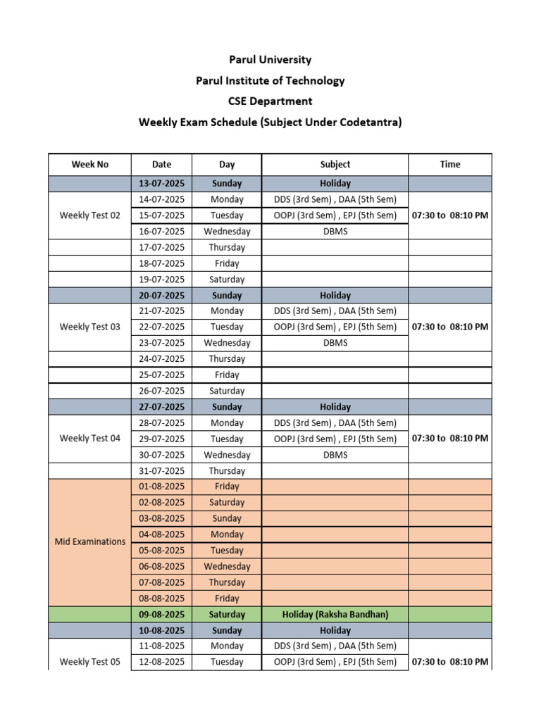 Weekly Exam TT For Codetantra Platform | PDF