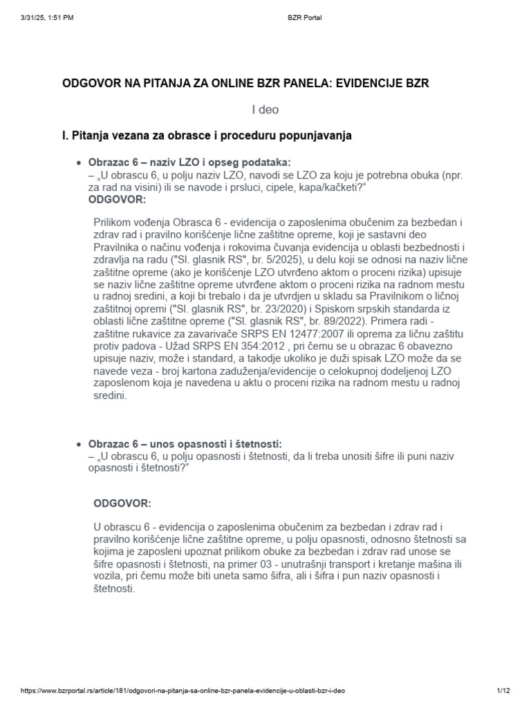 BZR Portal - Odgovori Na Pitanja - I Deo - Pitanja | PDF