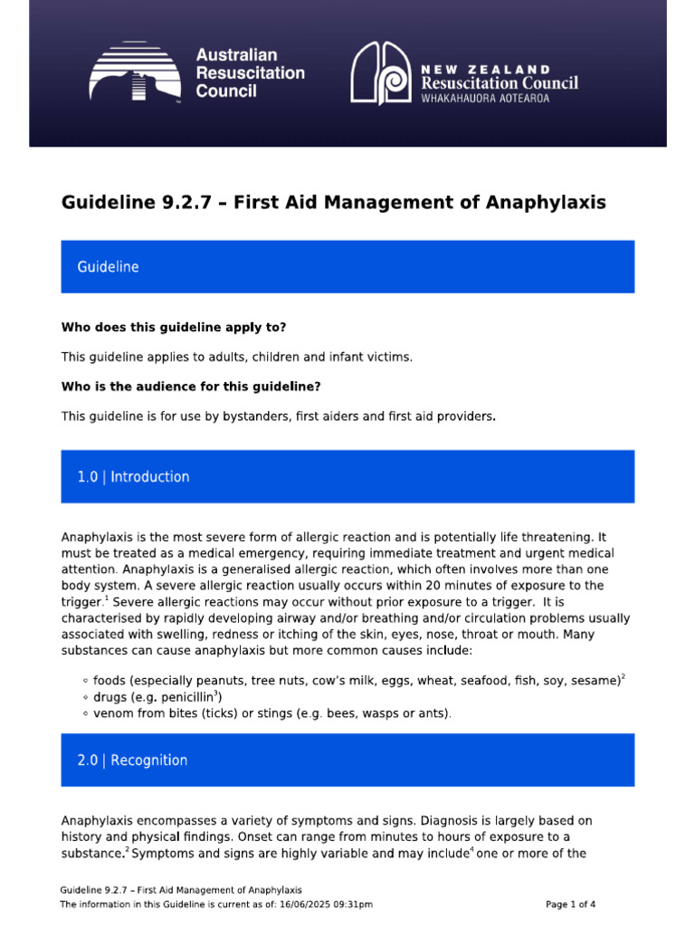 Anaphylaxis First Aid | PDF