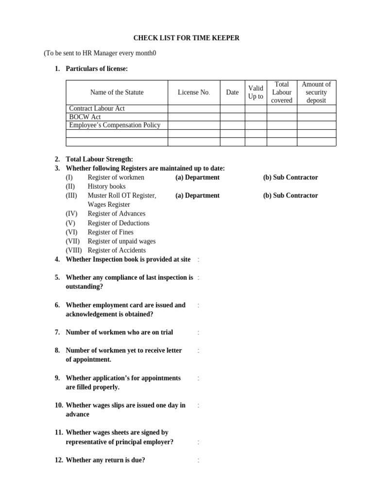 Check List For Time Keeper | PDF | Employment | Wage