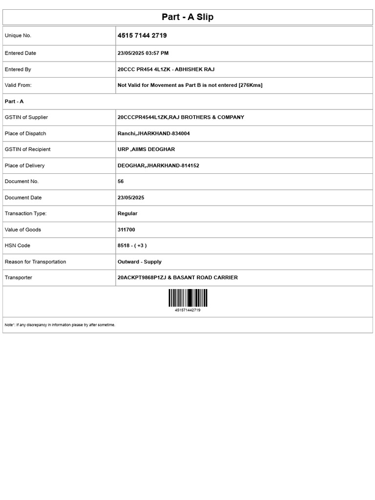 GST Part A Slip for Transport Details | PDF