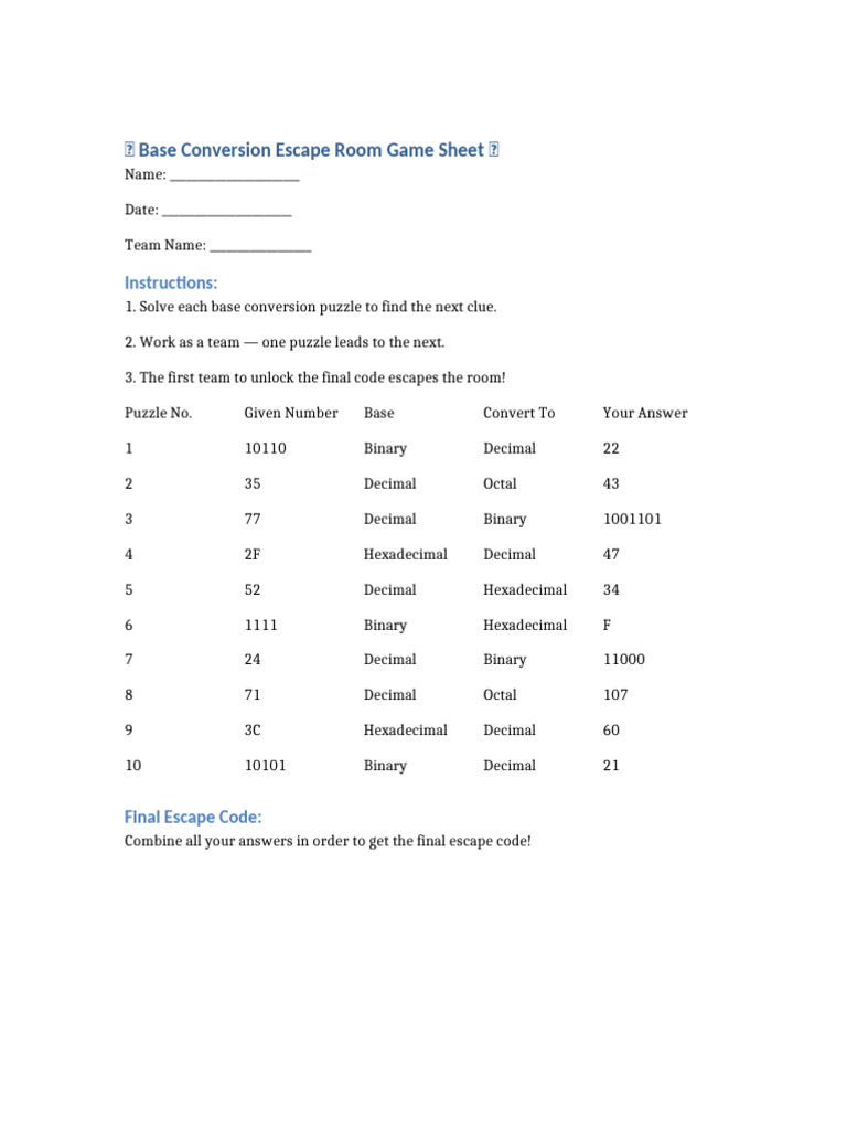 Base Conversion Escape Room Challenge | PDF