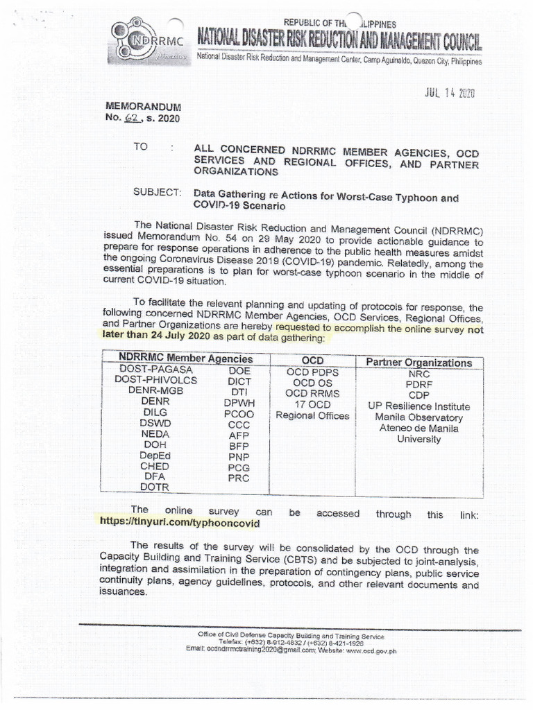 NDRRMC Memo No 62 S 2020 | PDF
