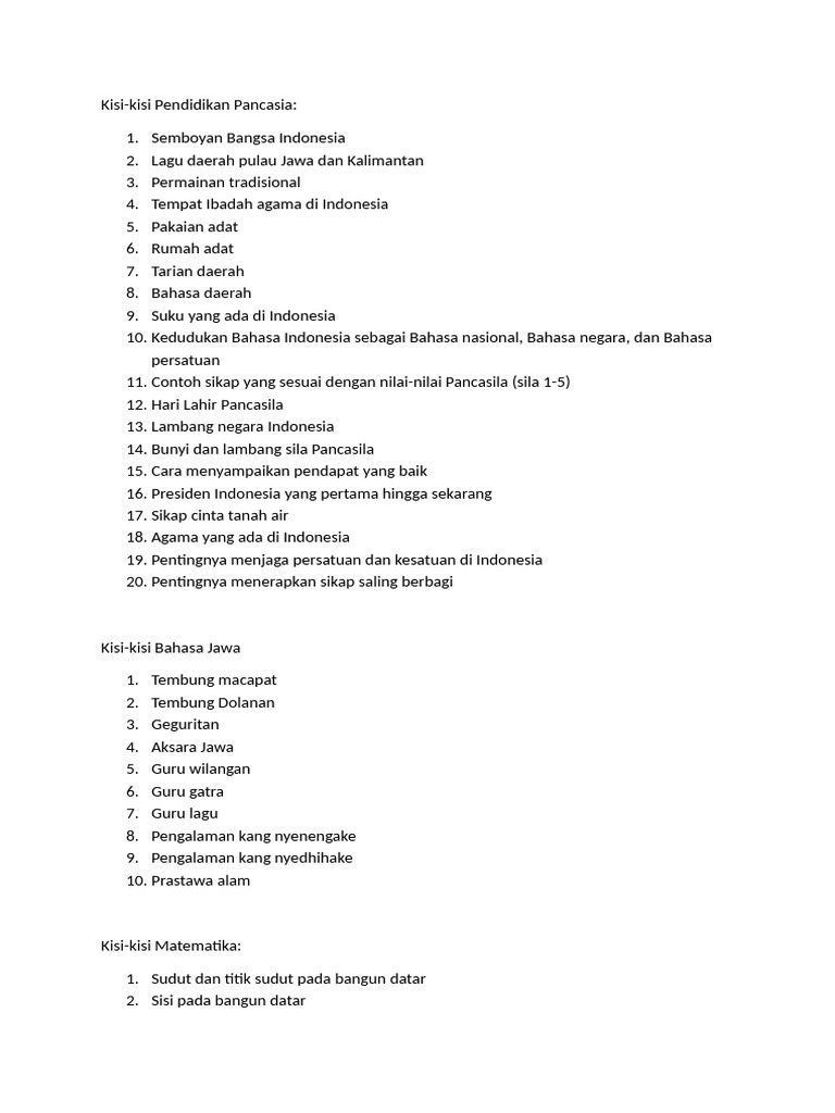 Kisi-kisi Pendidikan Pancasila dan Matematika | PDF
