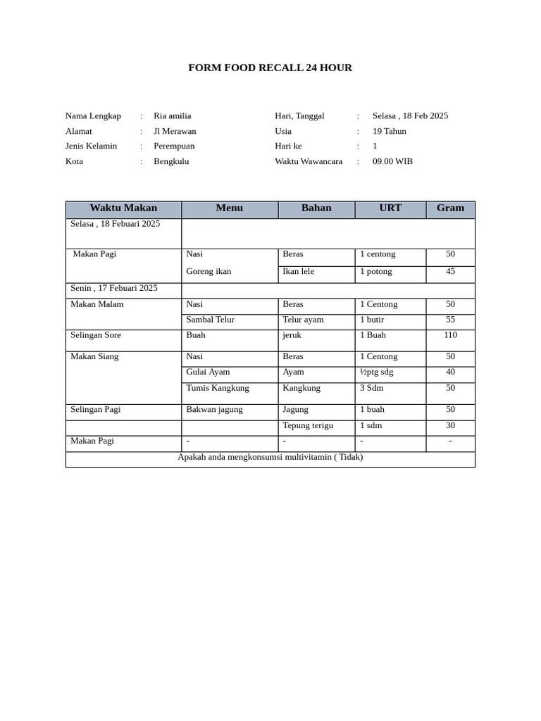 Ria Amilia - Form Food Recall 24 Hour | PDF