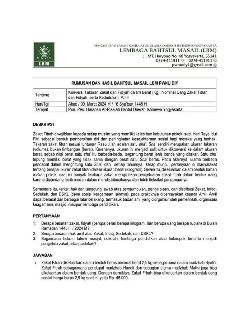 Hasil LBM Pwnu Diy - 16 Sya'Ban 1445 | PDF