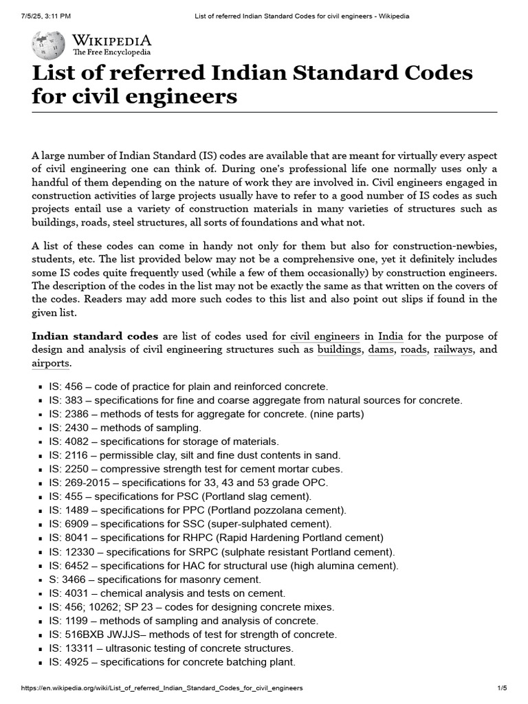 List of Referred Indian Standard Codes For Civil Engineers - Wikipedia | PDF | Concrete | Cement