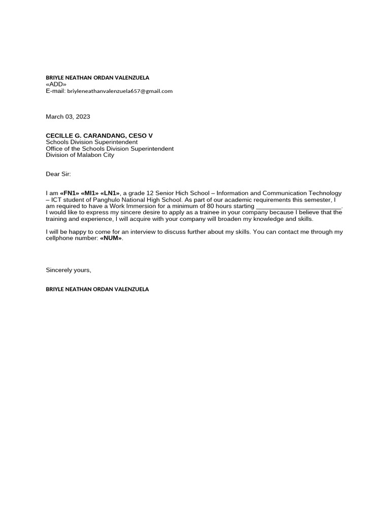 Application Letter Walt Disney Valenzuela 2 | PDF