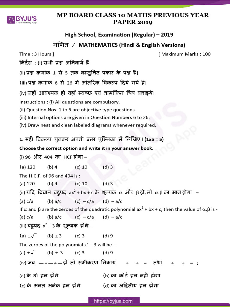 MP Board Class 10 Maths Previous Year Paper 2019 | PDF