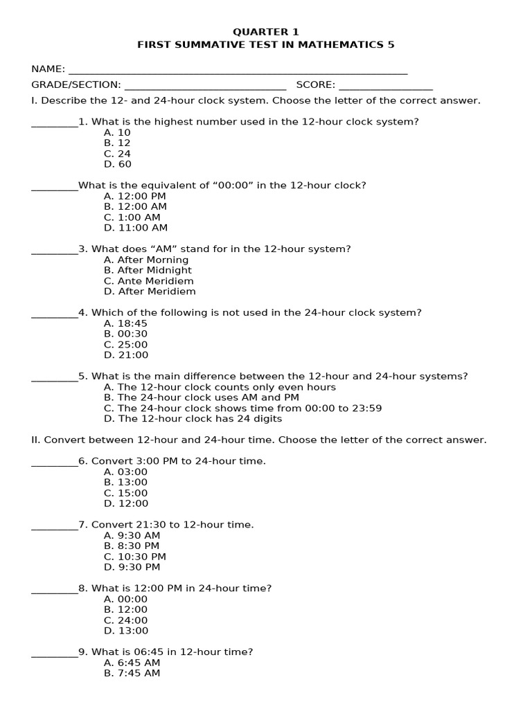 Math 5 Summative Test: Time Formats | PDF | Chess Openings | Chess