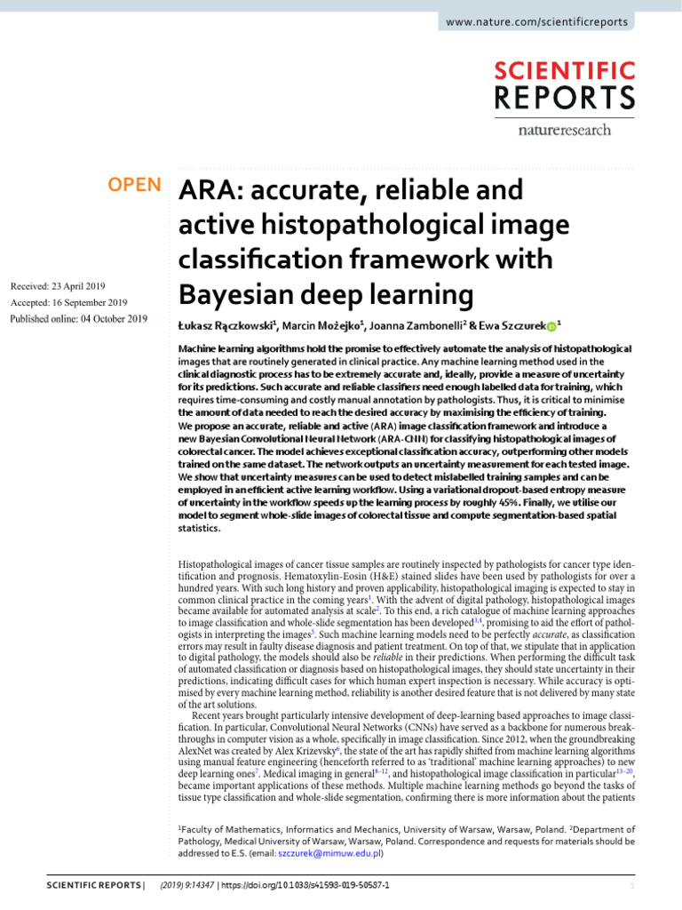 ARA Accurate, Reliable and Active Histopathological Image Classification Framework With Bayesian ...