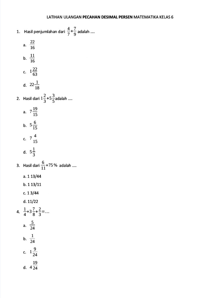 PDF Latihan Ulangan Pecahan Desimal Persen Matematika Kelas 6 Compress | PDF | Chess Theory ...