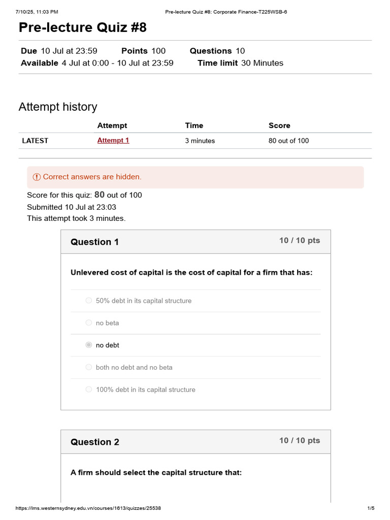 Pre-Lecture Quiz on Capital Structure | PDF | Capital Structure | Cost ...