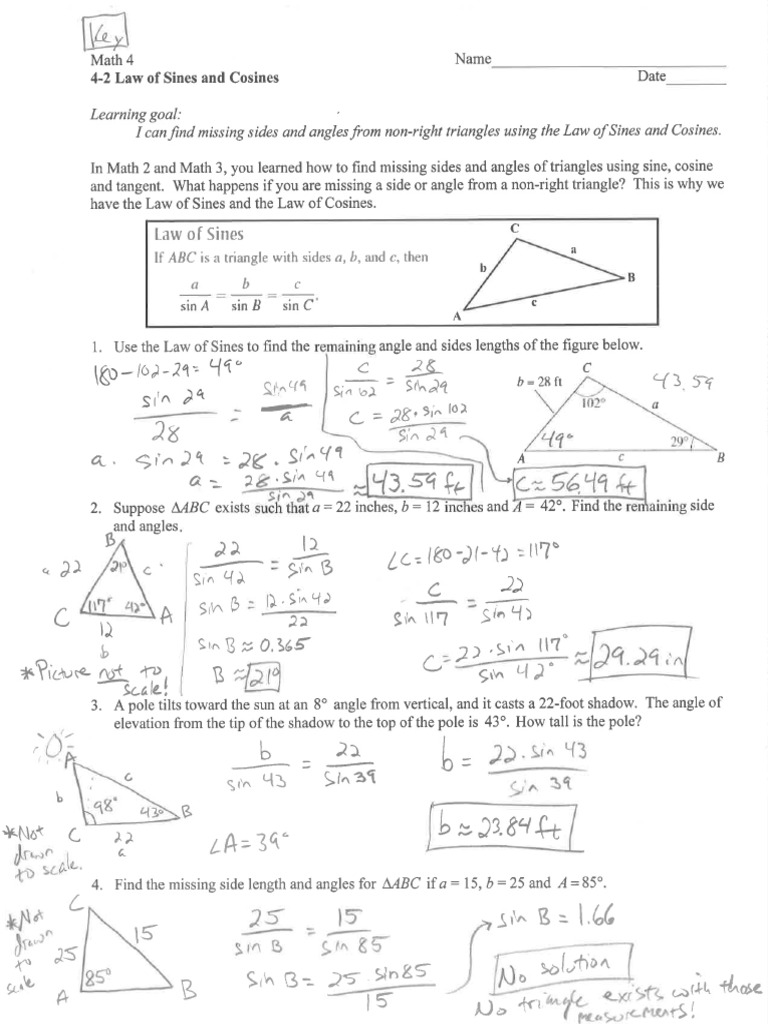 4-2 Law of Sines and Cosines ANSWERS | PDF