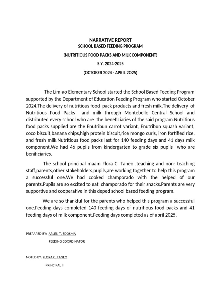 Narrative Report School Based Feeding Program | PDF