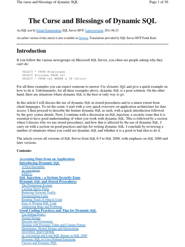 The Curse and Blessings of Dynamic SQL | PDF | Sql | Microsoft Sql Server