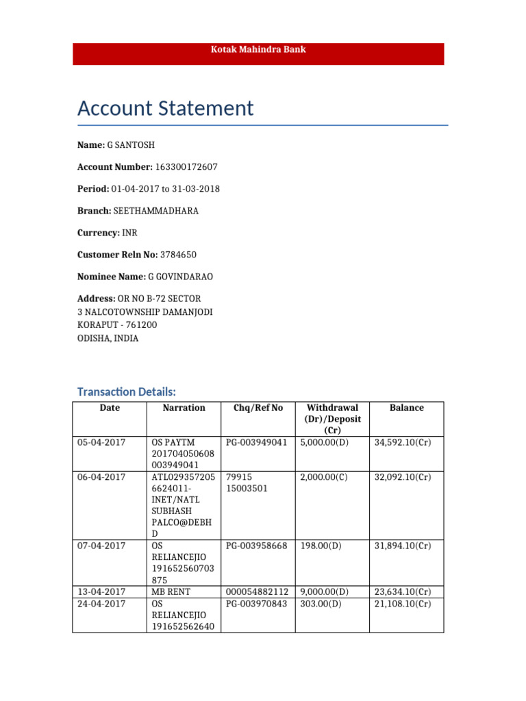 Kotak Bank Statement G Santosh Styled | PDF