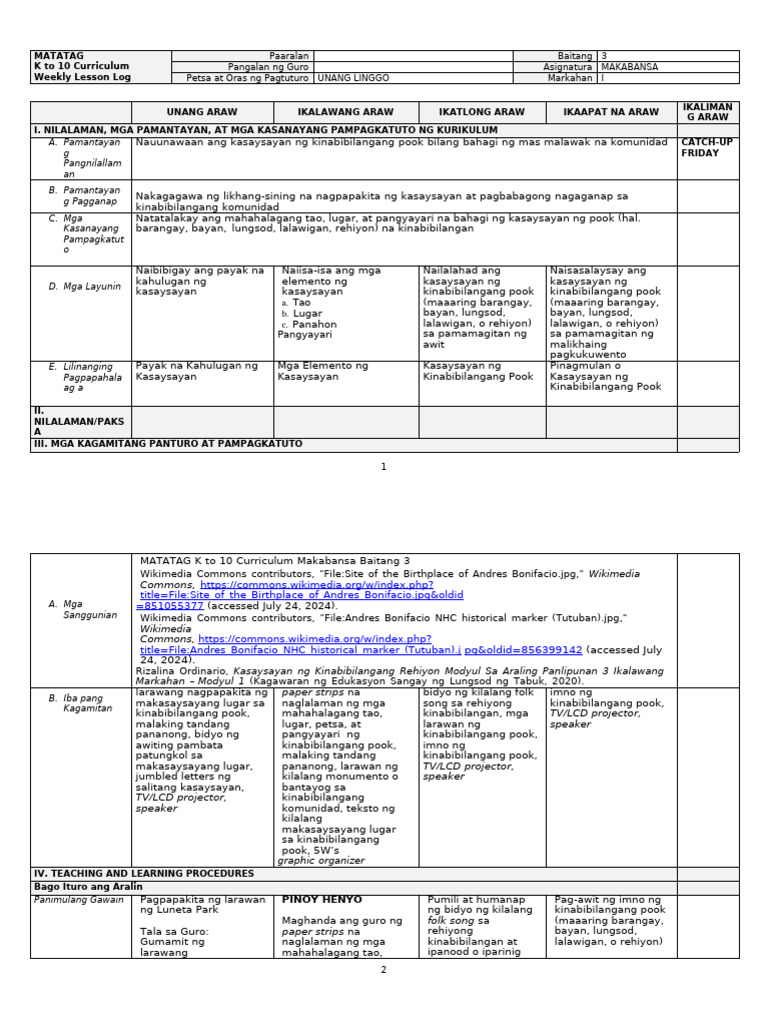 Grade 3 DLL Makabansa q1 w1 | PDF
