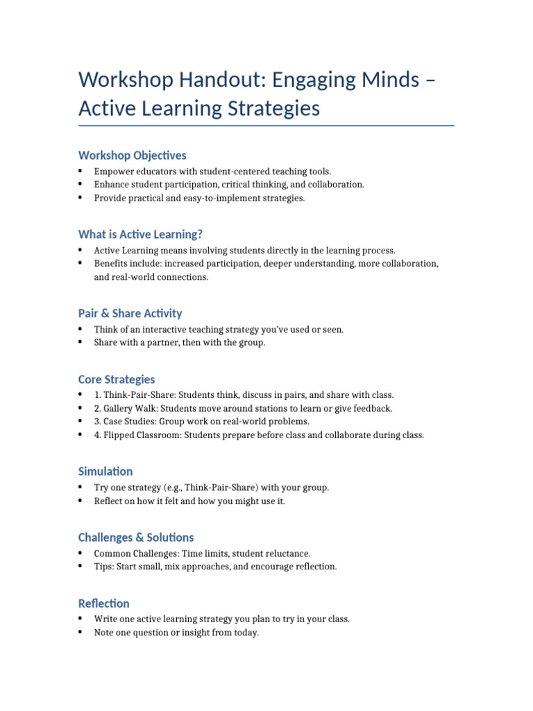 Active Learning Workshop Handout | PDF