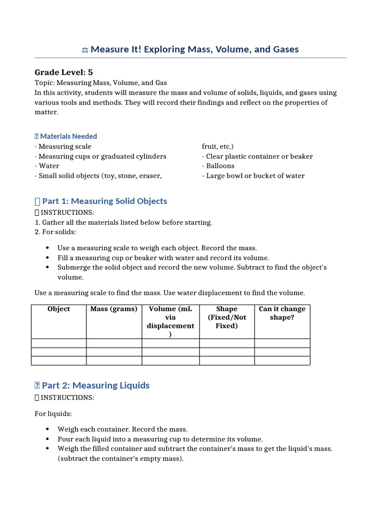 Measure Mass Volume and Gas Activity | PDF | Volume | Gases