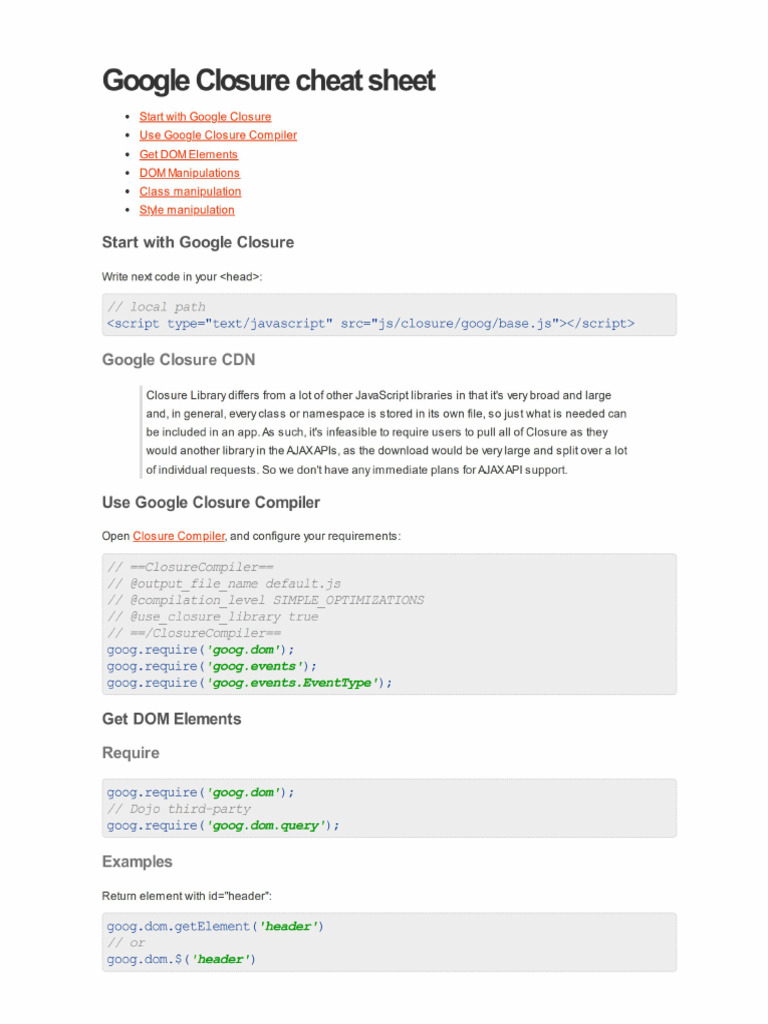 Google Closure Javascript Library For Beginners. Cheat Sheet | PDF