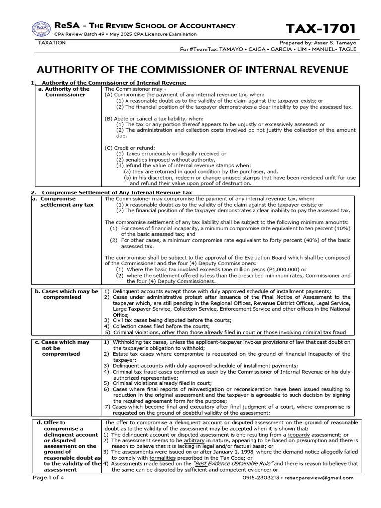 Authority of the Commissioner of Internal Revenue | PDF | Taxes ...