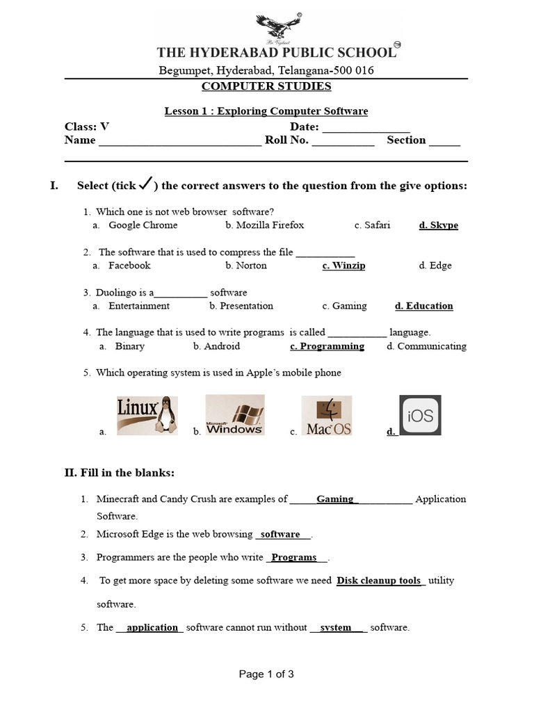 Answer Key - Cls5 - CST - Lesson1 - Revision Worksheet | PDF | Software | Computer Virus
