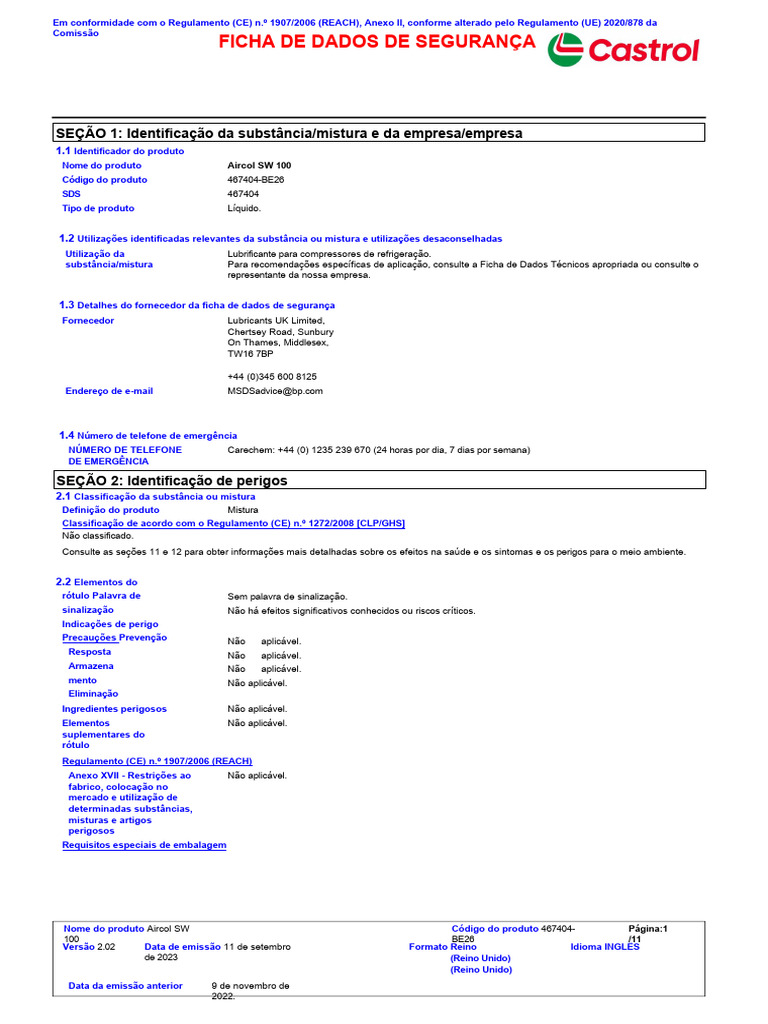 Ficha de Dados de Segurança: Aircol SW 100 | PDF | Desperdício ...