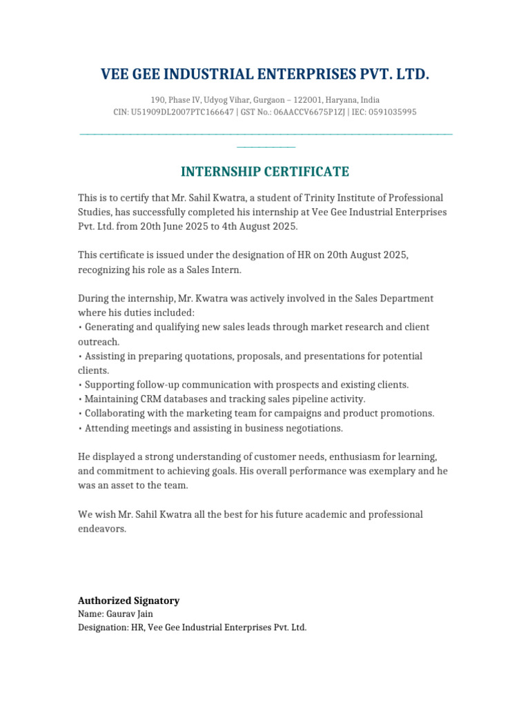 Internship Certificate Sahil Kwatra No Stamp | PDF