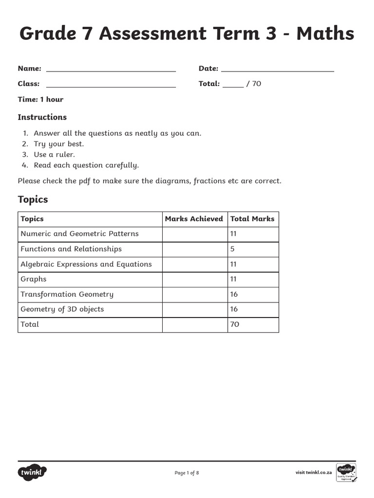 Za M 1721934769 Grade 7 Assessment Term 3 Maths - Ver - 3 | PDF | Shape ...