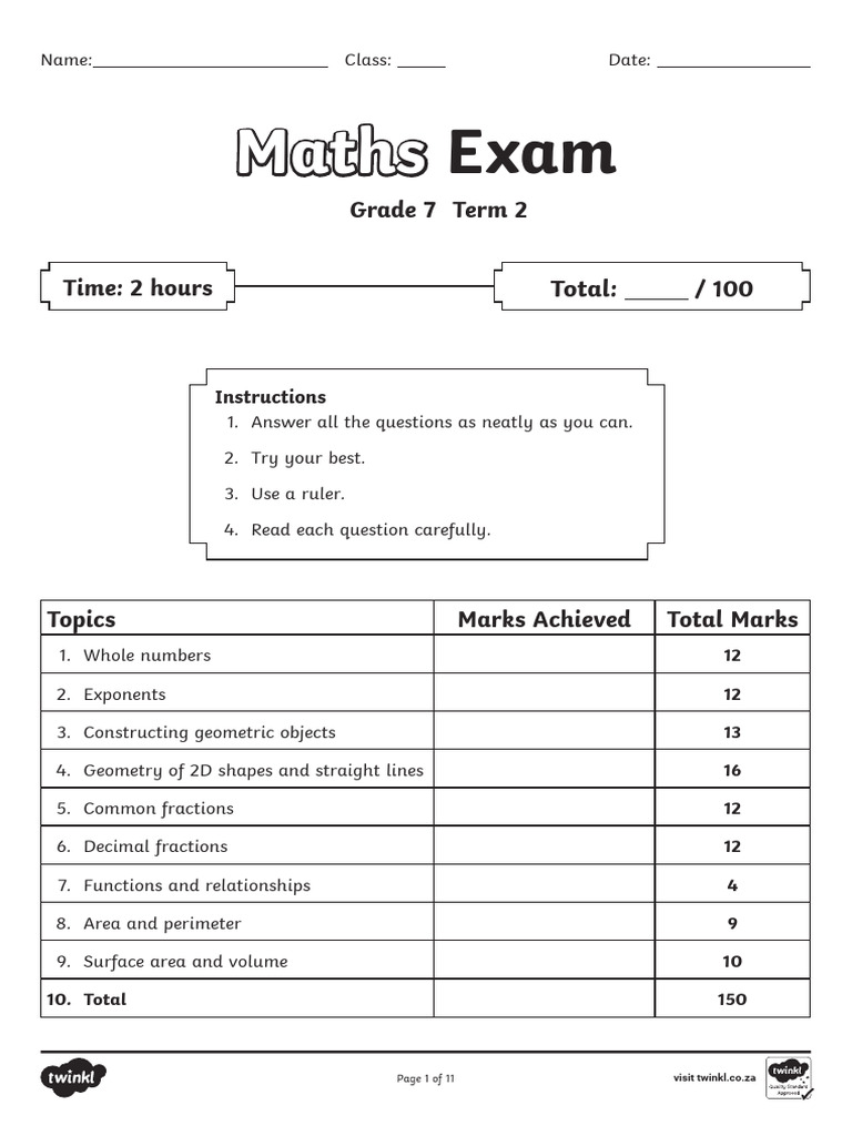 Za M 1731266945 Grade 7 Term 2 Maths Exam - Ver - 2 | PDF | Circle | Shape