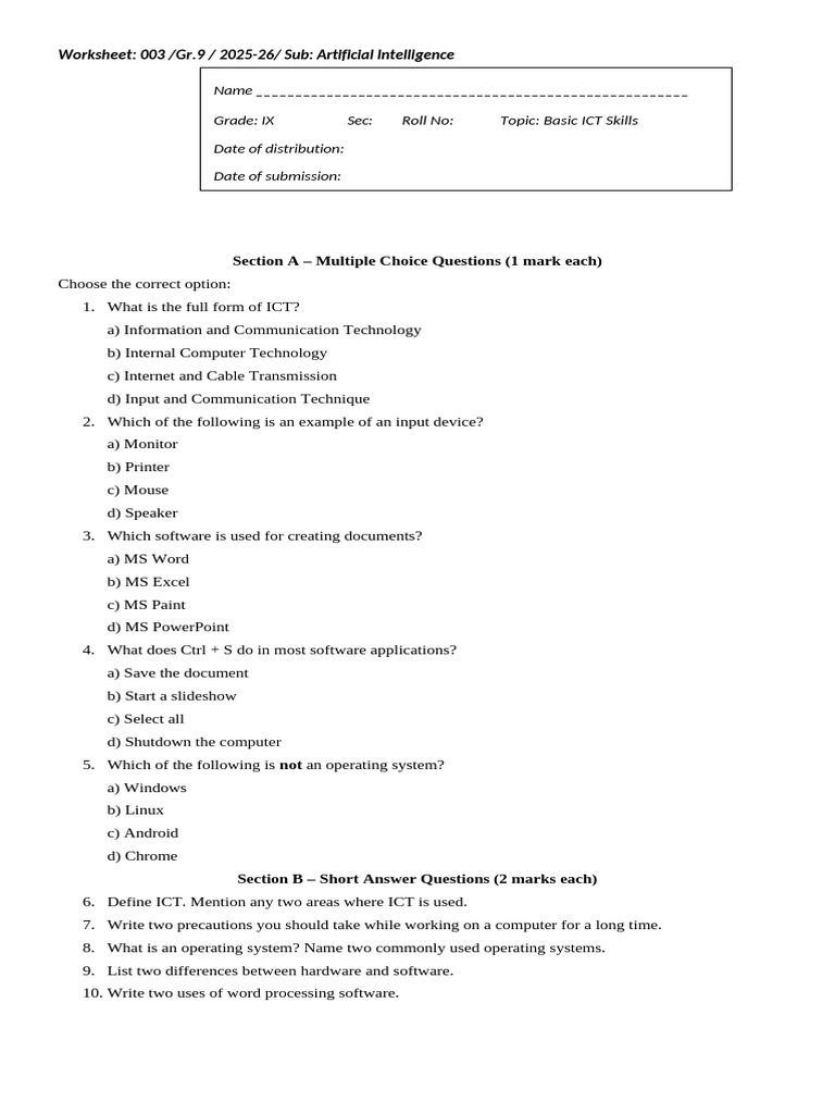 Gr. 9 Worksheet: Basic ICT Skills | PDF | Educational Technology ...