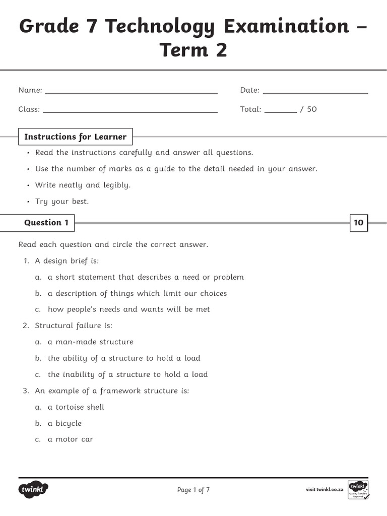 Grade 7 Technology Exam Term 2 | PDF | Lever