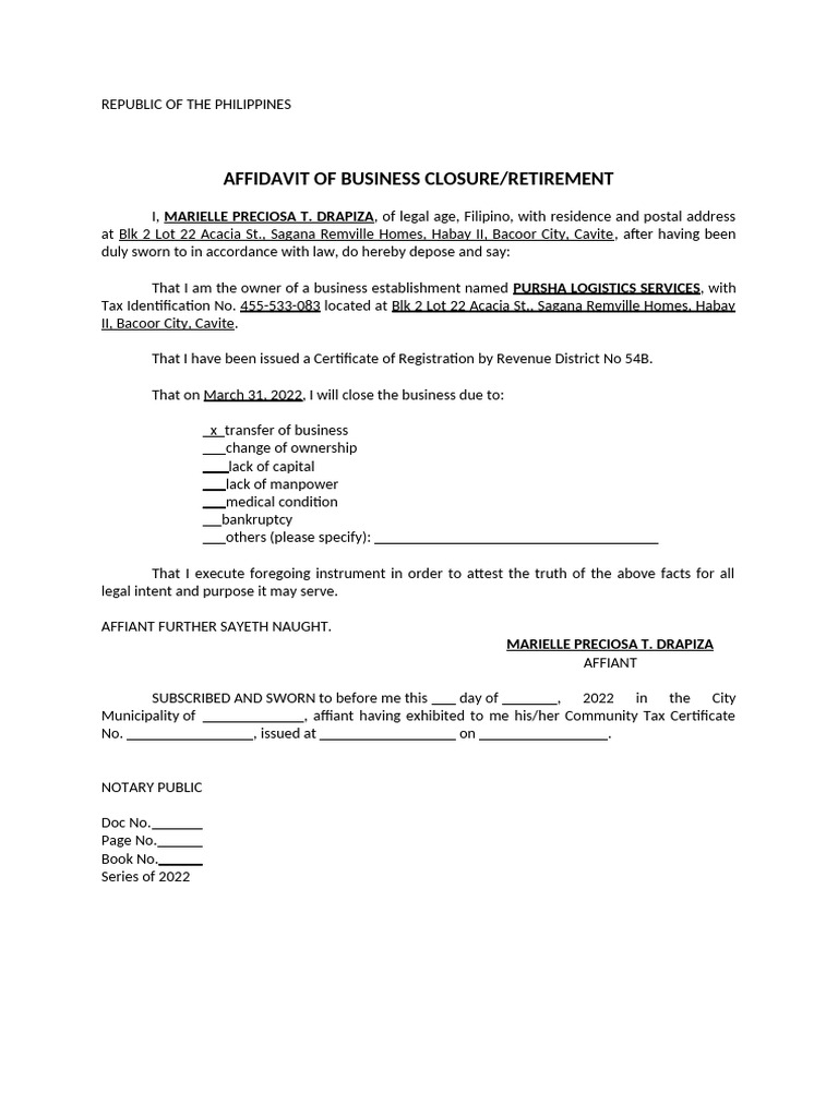 Affidavit of Closure - Drapiza | PDF