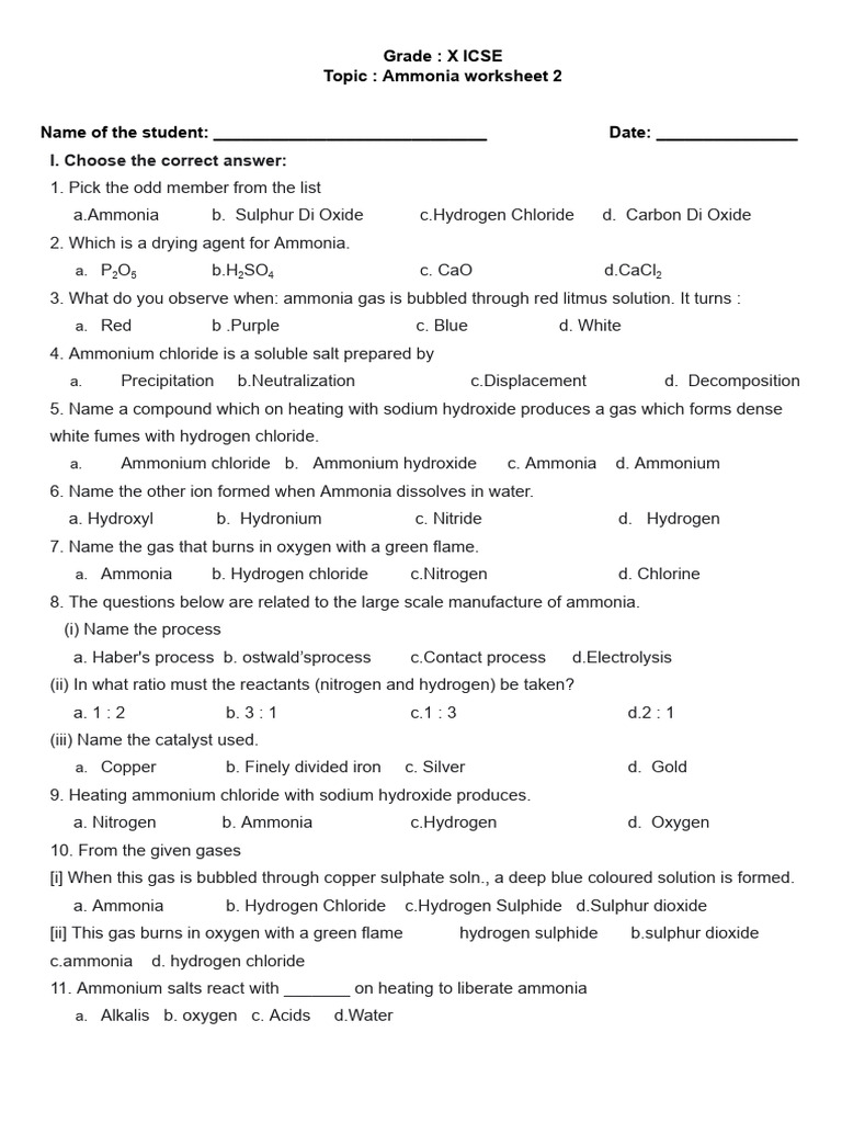 Ammonia Worksheet 2 | PDF | Ammonia | Hydroxide