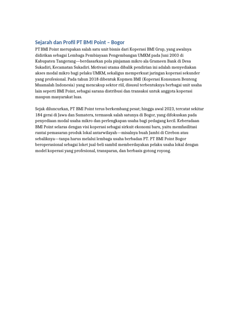 Sejarah Dan Profil PT BMI Point Bogor | PDF
