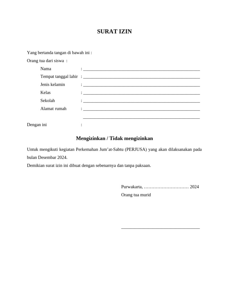 Surat Izin Perjusa Siswa 2024 | PDF