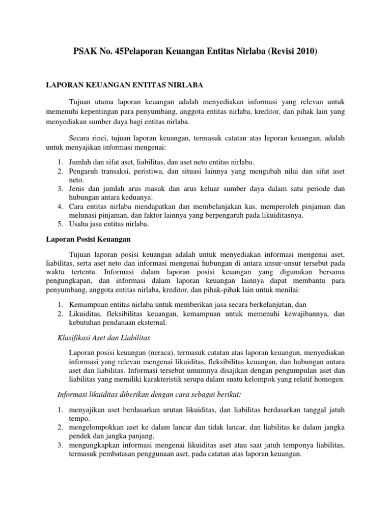 Laporan Keuangan Entitas Nirlaba PSak 45 | PDF | Bisnis | Ilmu Sosial