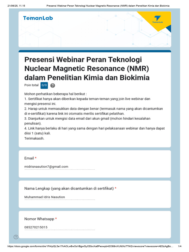 Presensi Webinar Peran Teknologi Nuclear Magnetic Resonance (NMR) Dalam Penelitian Kimia Dan ...