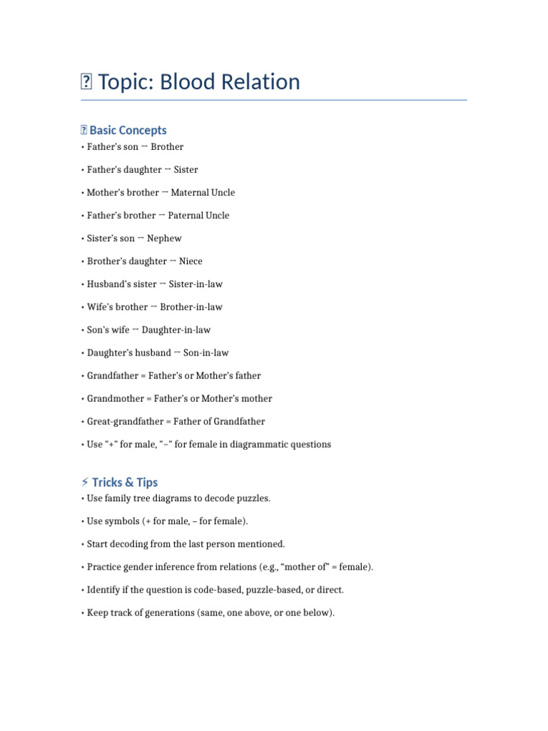 Blood Relation Concepts and Practice Questions | PDF | Interpersonal ...