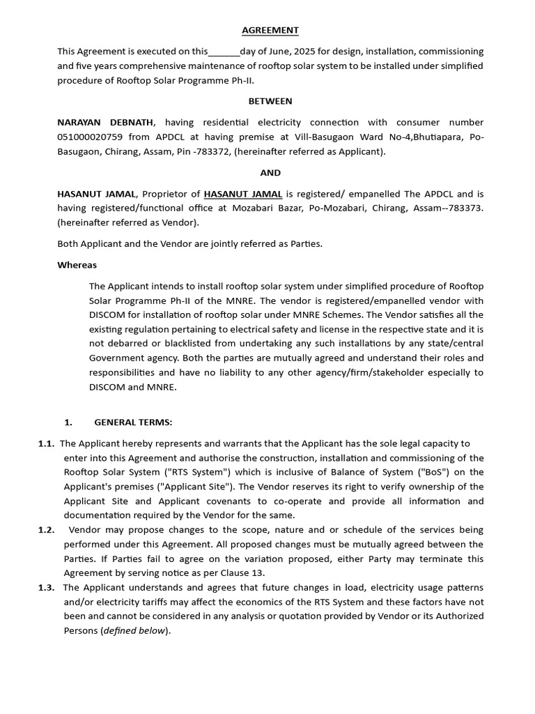 Rooftop Solar System Installation Agreement | PDF | Arbitration | Solar ...