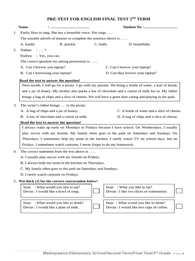 Pre-Test Sas 3rd Grade Semester 2 | PDF | Cuisine | Foods