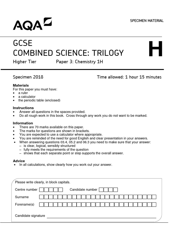 Chemistry Specimen Paper Higher Tier | PDF | Sodium | Chemical Reactions