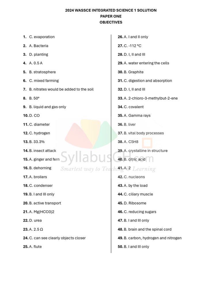 2024 Wassce Integrated Science 1 Solution | PDF