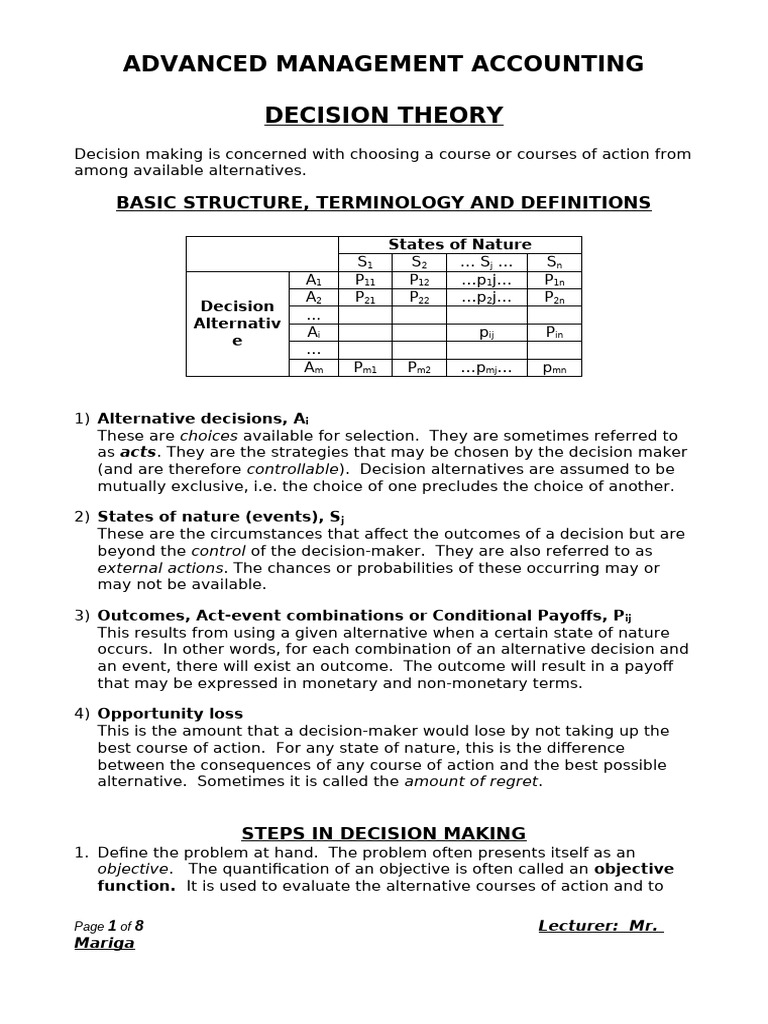 Advanced Management Accounting: Decision Theory | PDF | Decision Making ...